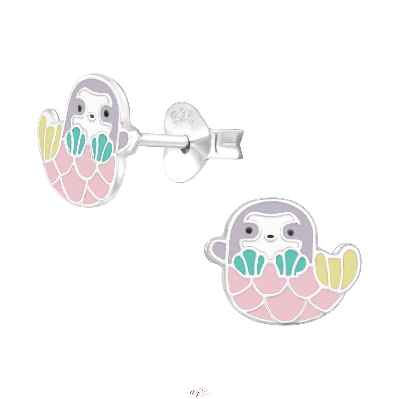 Mermaid Sloth - 925 Sterling Silver Ear studs with enamel colors